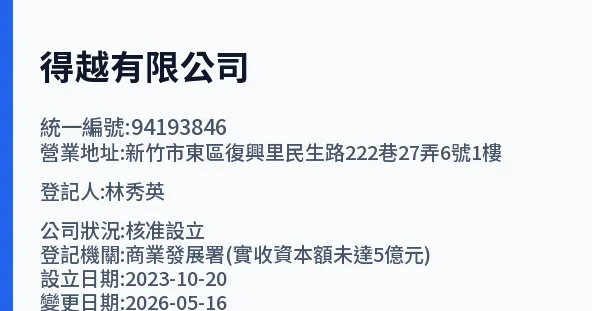 得越有限公司的照片-統編 94193846(新竹市) 公司登記資料與營業項目詳細圖表