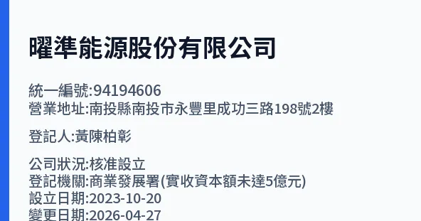 曜準能源股份有限公司的照片-統編 94194606(南投縣) 公司登記資料與營業項目詳細圖表