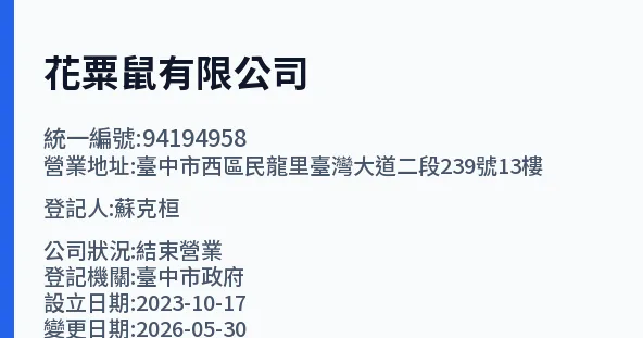 花粟鼠有限公司的照片-統編 94194958(臺中市) 公司登記資料與營業項目詳細圖表