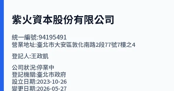 紫火資本股份有限公司的照片-統編 94195491(臺北市) 公司登記資料與營業項目詳細圖表