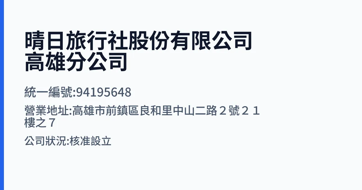 晴日旅行社股份有限公司高雄分公司 - 統編 94195648(高雄市) 公司登記資料與營業項目詳細圖表