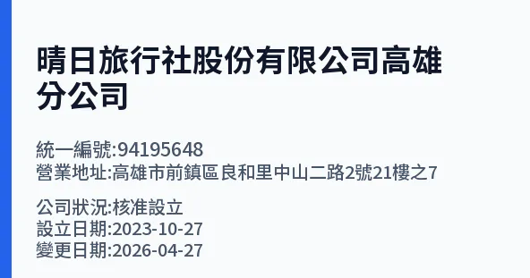 晴日旅行社股份有限公司高雄分公司的照片-統編 94195648(高雄市) 公司登記資料與營業項目詳細圖表