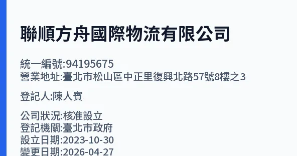 聯順方舟國際物流有限公司的照片-統編 94195675(臺北市) 公司登記資料與營業項目詳細圖表