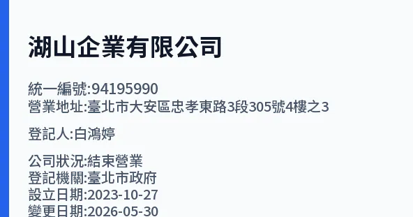 湖山企業有限公司的照片-統編 94195990(臺北市) 公司登記資料與營業項目詳細圖表
