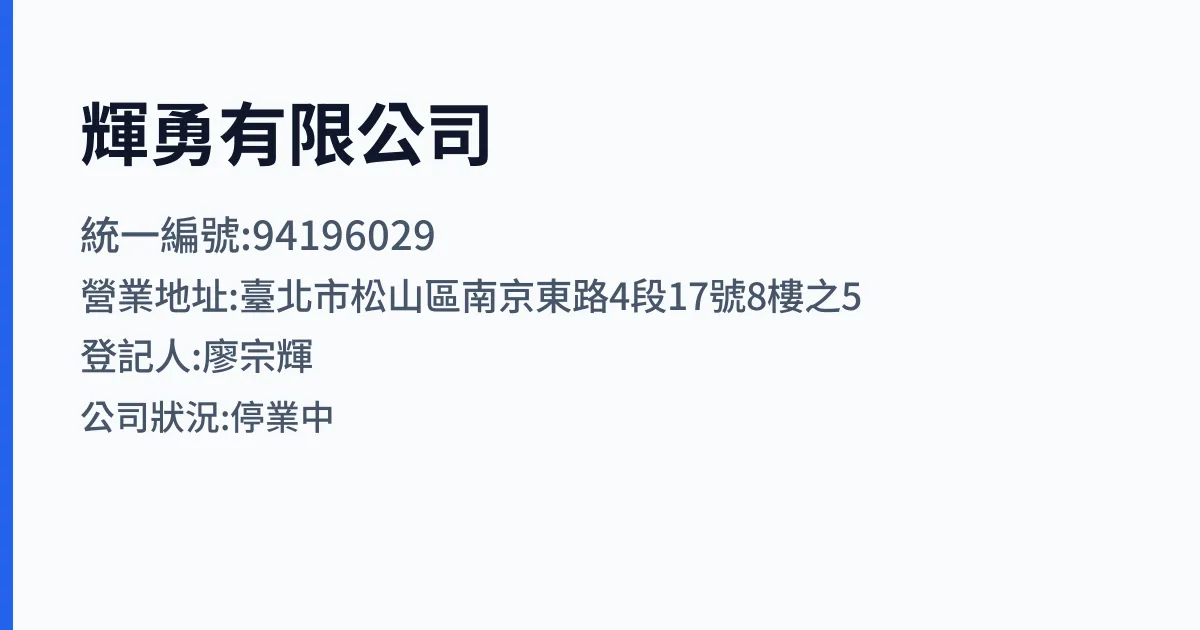 輝勇有限公司 - 統編 94196029(臺北市) 公司登記資料與營業項目詳細圖表
