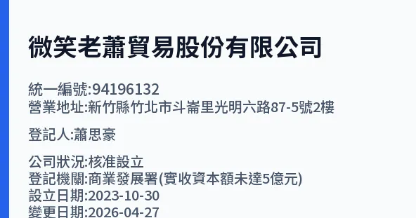 微笑老蕭貿易股份有限公司的照片-統編 94196132(新竹縣) 公司登記資料與營業項目詳細圖表