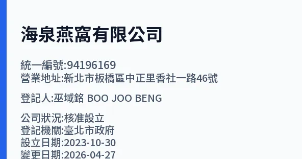 海泉燕窩有限公司的照片-統編 94196169(新北市) 公司登記資料與營業項目詳細圖表