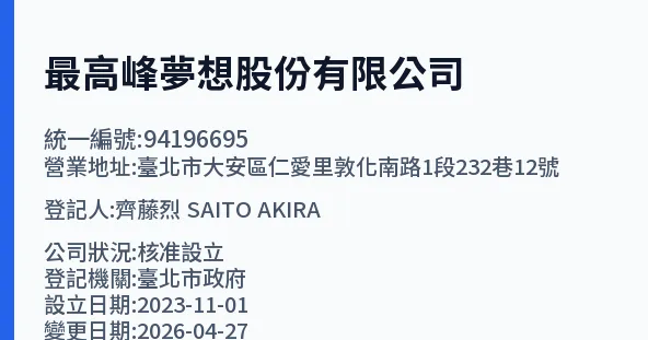 最高峰夢想股份有限公司的照片-統編 94196695(臺北市) 公司登記資料與營業項目詳細圖表