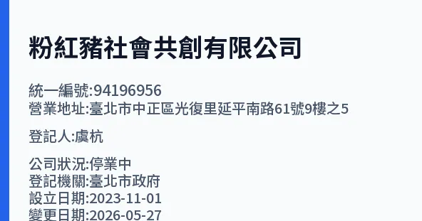 粉紅豬社會共創有限公司的照片-統編 94196956(臺北市) 公司登記資料與營業項目詳細圖表
