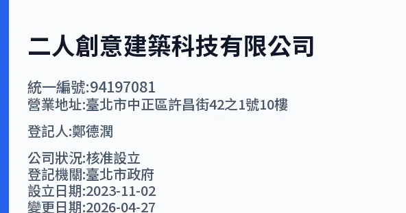 二人創意建築科技有限公司的照片-統編 94197081(臺北市) 公司登記資料與營業項目詳細圖表