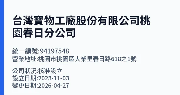台灣寶物工廠股份有限公司桃園春日分公司的照片-統編 94197548(桃園市) 公司登記資料與營業項目詳細圖表