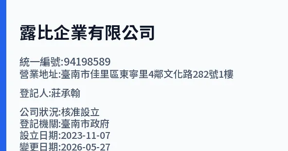 露比企業有限公司的照片-統編 94198589(臺南市) 公司登記資料與營業項目詳細圖表