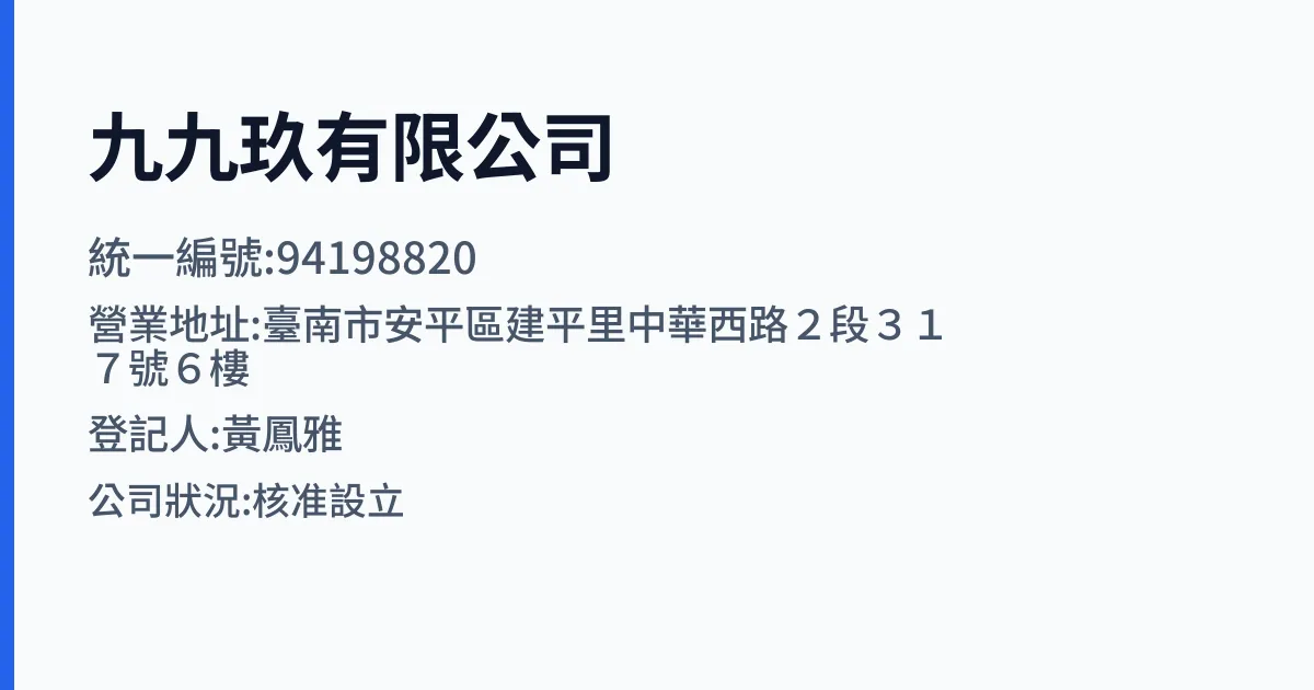 九九玖有限公司 - 統編 94198820(臺南市) 公司登記資料與營業項目詳細圖表
