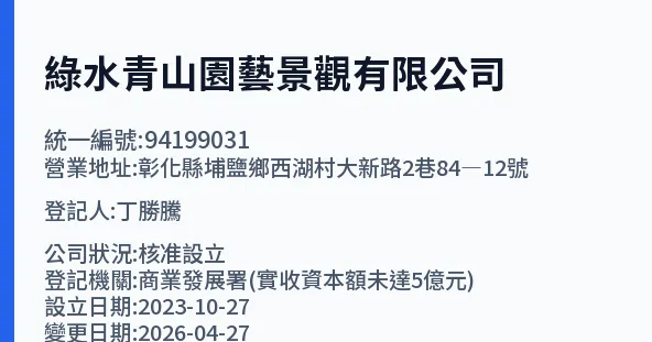 綠水青山園藝景觀有限公司的照片-統編 94199031(彰化縣) 公司登記資料與營業項目詳細圖表
