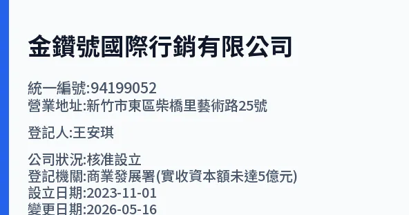 金鑽號國際行銷有限公司的照片-統編 94199052(新竹市) 公司登記資料與營業項目詳細圖表