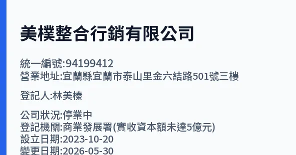 美樸整合行銷有限公司的照片-統編 94199412(宜蘭縣) 公司登記資料與營業項目詳細圖表