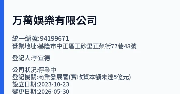 万萬娛樂有限公司的照片-統編 94199671(基隆市) 公司登記資料與營業項目詳細圖表