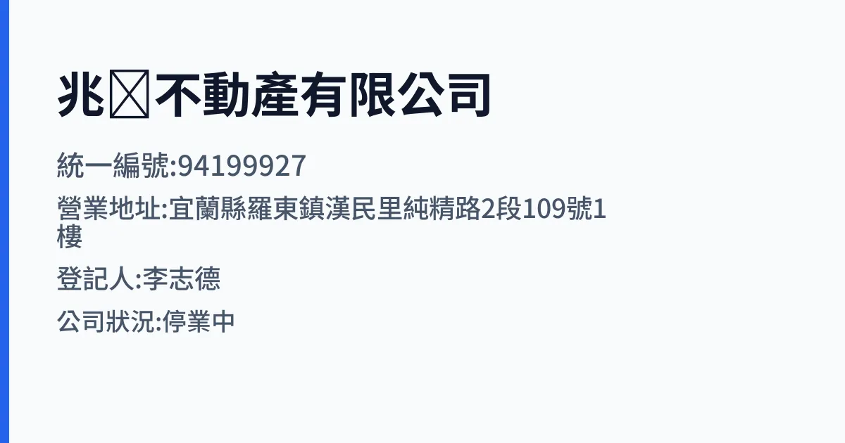 兆莀不動產有限公司 - 統編 94199927(宜蘭縣) 公司登記資料與營業項目詳細圖表