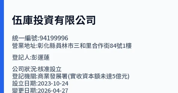 伍庫投資有限公司的照片-統編 94199996(彰化縣) 公司登記資料與營業項目詳細圖表