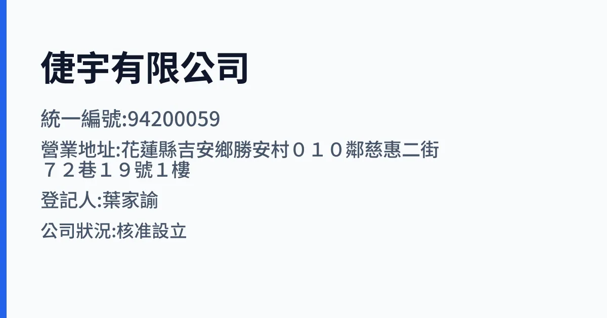 倢宇有限公司 - 統編 94200059(花蓮縣) 公司登記資料與營業項目詳細圖表