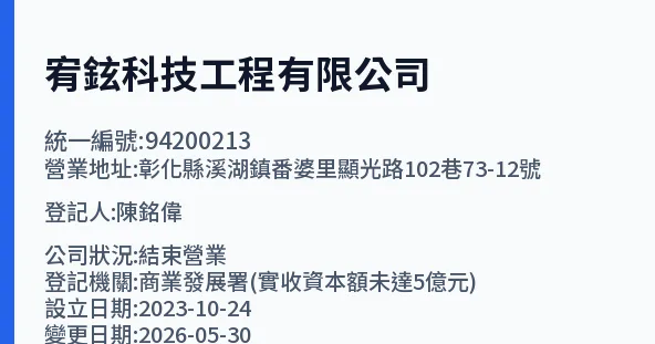 宥鉉科技工程有限公司的照片-統編 94200213(彰化縣) 公司登記資料與營業項目詳細圖表