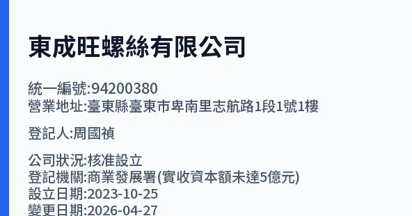 東成旺螺絲有限公司的照片-統編 94200380(臺東縣) 公司登記資料與營業項目詳細圖表