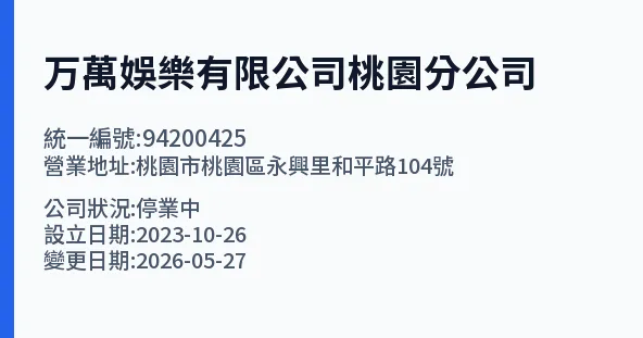 万萬娛樂有限公司桃園分公司的照片-統編 94200425(桃園市) 公司登記資料與營業項目詳細圖表