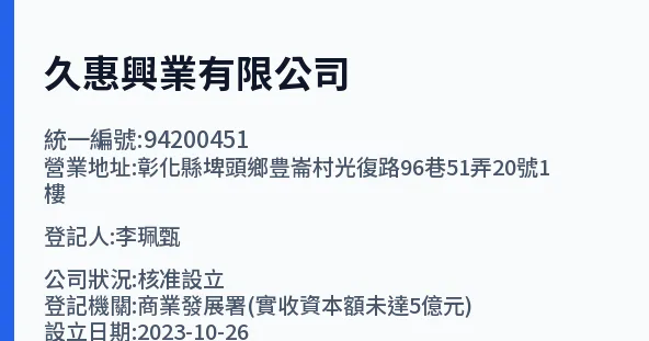 久惠興業有限公司的照片-統編 94200451(彰化縣) 公司登記資料與營業項目詳細圖表