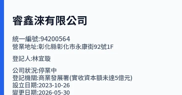 睿鑫淶有限公司的照片-統編 94200564(彰化縣) 公司登記資料與營業項目詳細圖表