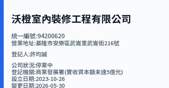 沃橙室內裝修工程有限公司的照片-統編 94200620(基隆市) 公司登記資料與營業項目詳細圖表