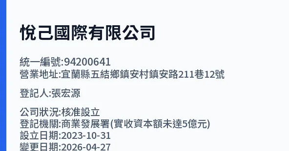 悅己國際有限公司的照片-統編 94200641(宜蘭縣) 公司登記資料與營業項目詳細圖表