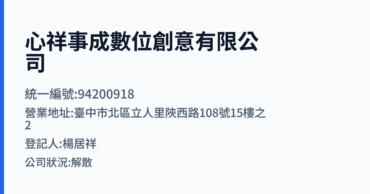 心祥事成數位創意有限公司 - 統編 94200918(臺中市) 公司登記資料與營業項目詳細圖表