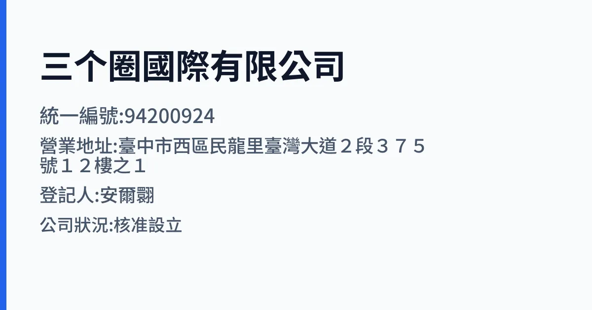 三个圈國際有限公司 - 統編 94200924(臺中市) 公司登記資料與營業項目詳細圖表