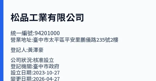 松品工業有限公司的照片-統編 94201000(臺中市) 公司登記資料與營業項目詳細圖表