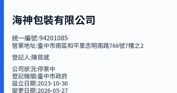 海神包裝有限公司的照片-統編 94201085(臺中市) 公司登記資料與營業項目詳細圖表