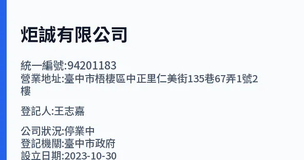 炬誠有限公司的照片-統編 94201183(臺中市) 公司登記資料與營業項目詳細圖表