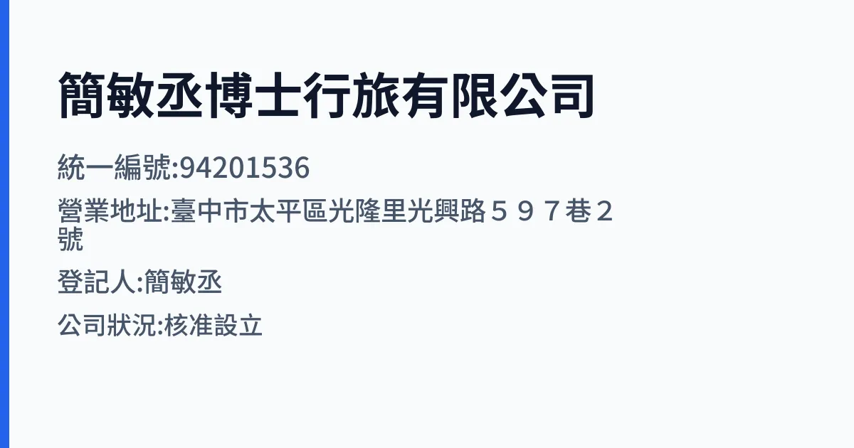 簡敏丞博士行旅有限公司 - 統編 94201536(臺中市) 公司登記資料與營業項目詳細圖表