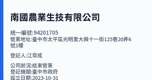 南國農業生技有限公司的照片-統編 94201705(臺中市) 公司登記資料與營業項目詳細圖表