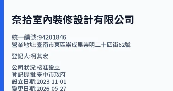 奈拾室內裝修設計有限公司的照片-統編 94201846(臺南市) 公司登記資料與營業項目詳細圖表