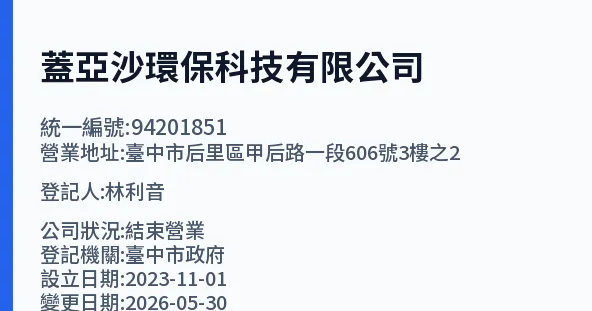 蓋亞沙環保科技有限公司的照片-統編 94201851(臺中市) 公司登記資料與營業項目詳細圖表