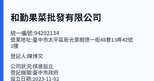 和勤果菜批發有限公司的照片-統編 94202134(臺中市) 公司登記資料與營業項目詳細圖表