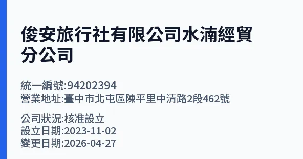 俊安旅行社有限公司水湳經貿分公司的照片-統編 94202394(臺中市) 公司登記資料與營業項目詳細圖表