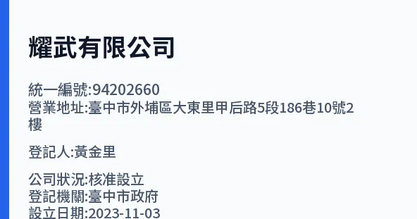 耀武有限公司的照片-統編 94202660(臺中市) 公司登記資料與營業項目詳細圖表