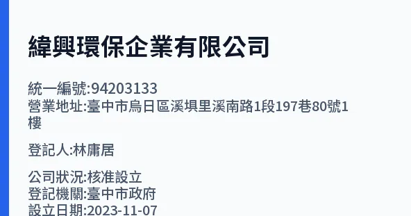 緯興環保企業有限公司的照片-統編 94203133(臺中市) 公司登記資料與營業項目詳細圖表