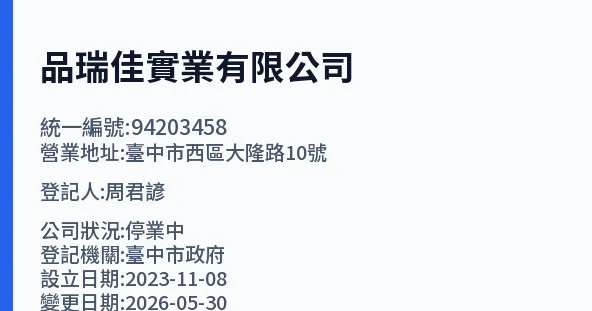 品瑞佳實業有限公司的照片-統編 94203458(臺中市) 公司登記資料與營業項目詳細圖表