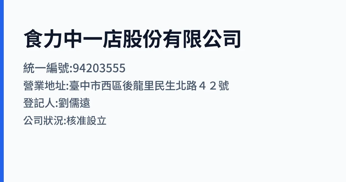 食力中一店股份有限公司 - 統編 94203555(臺中市) 公司登記資料與營業項目詳細圖表