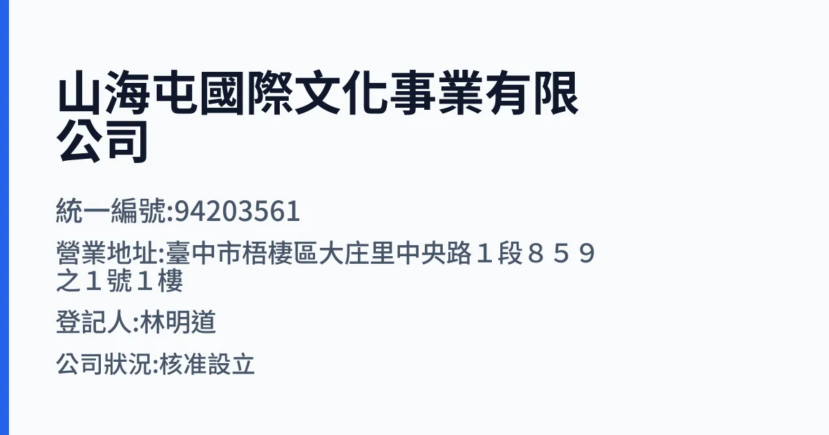 山海屯國際文化事業有限公司 - 統編 94203561(臺中市) 公司登記資料與營業項目詳細圖表