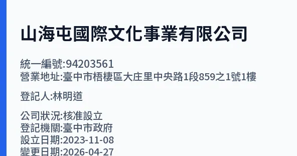 山海屯國際文化事業有限公司的照片-統編 94203561(臺中市) 公司登記資料與營業項目詳細圖表