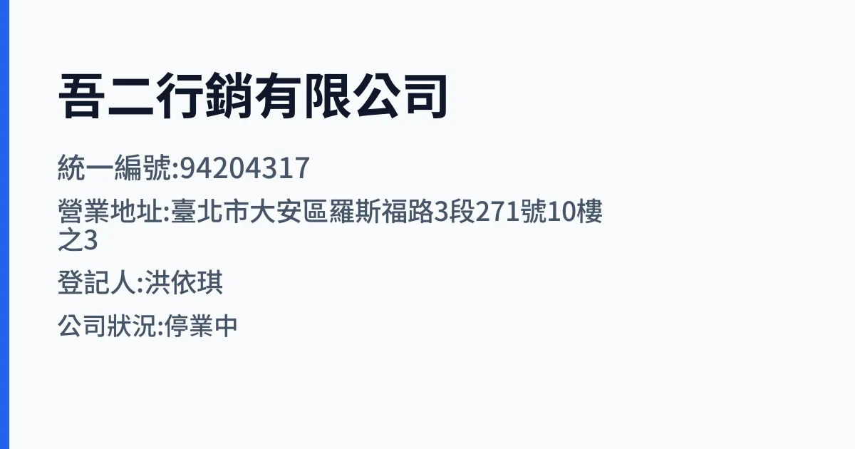 吾二行銷有限公司 - 統編 94204317(臺北市) 公司登記資料與營業項目詳細圖表
