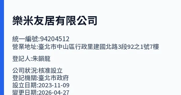 樂米友居有限公司的照片-統編 94204512(臺北市) 公司登記資料與營業項目詳細圖表